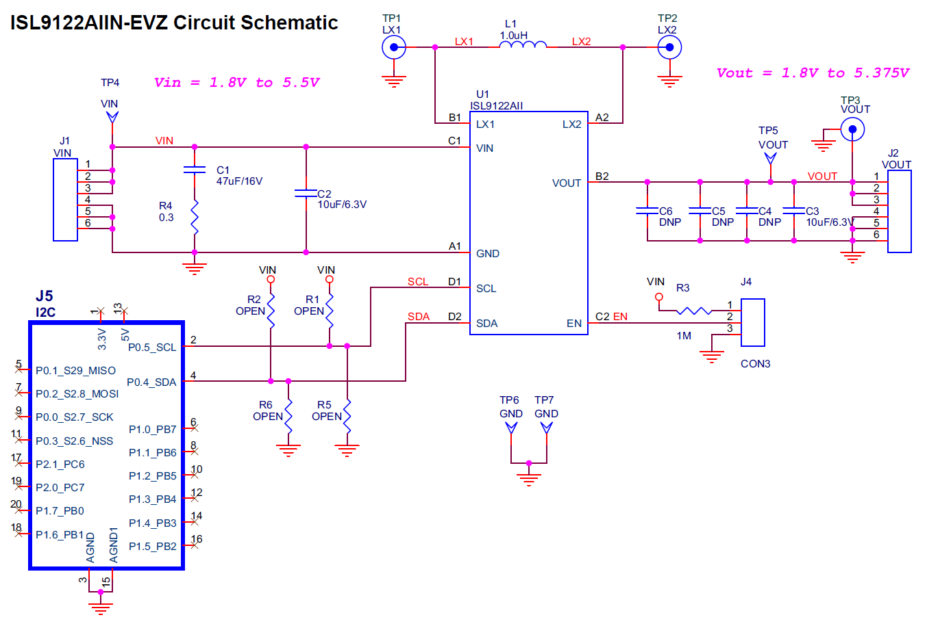 ISL9122AIIN-EVZ: I²C 1.8 ~ 5.375V @ 500mA, 1.8 ~ 5.5V in, Buck-Boost