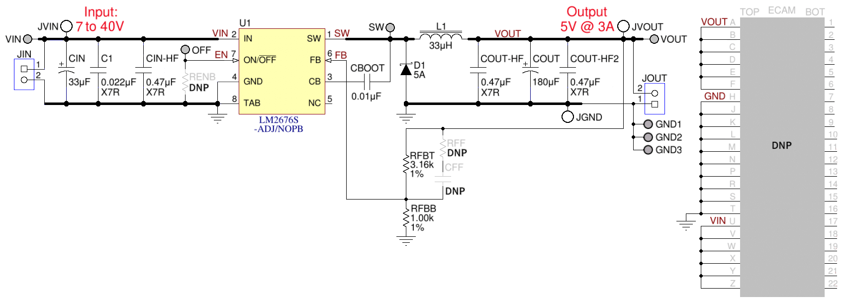 LM2676S-ADJEVM: 5V @ 3A, 8 ~ 40V in, Buck