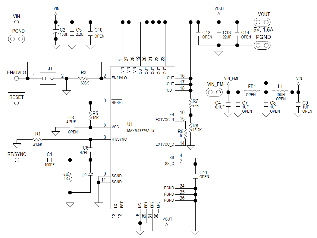 MAXM17575EVKIT#: 5V @ 1.5A, 4.5 ~ 60V in