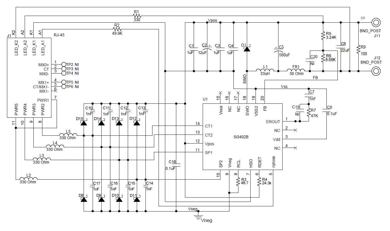 SI3402B-EVB: Non-Isolated 802.3at Type 1 PoE PD Board