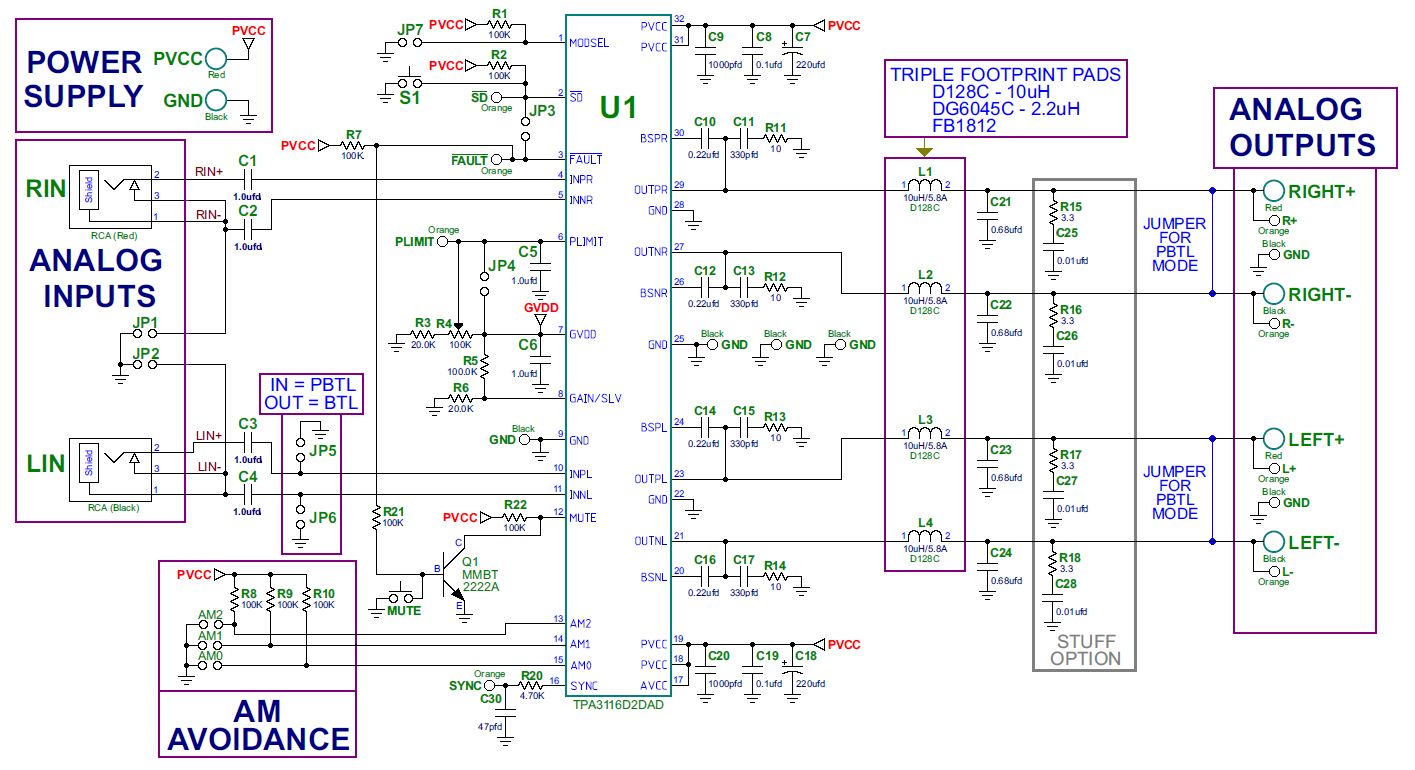 TPA3116D2EVM: 50W x 2 @ 4Ω, 6 ~ 26V in, Class D