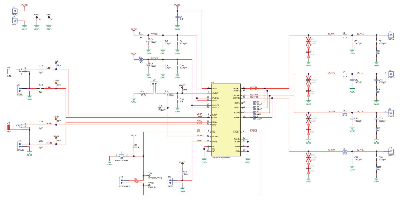 TPA3136AD2EVM: 10 W @ 8Ω, Class D, 8 ~ 14.4V in