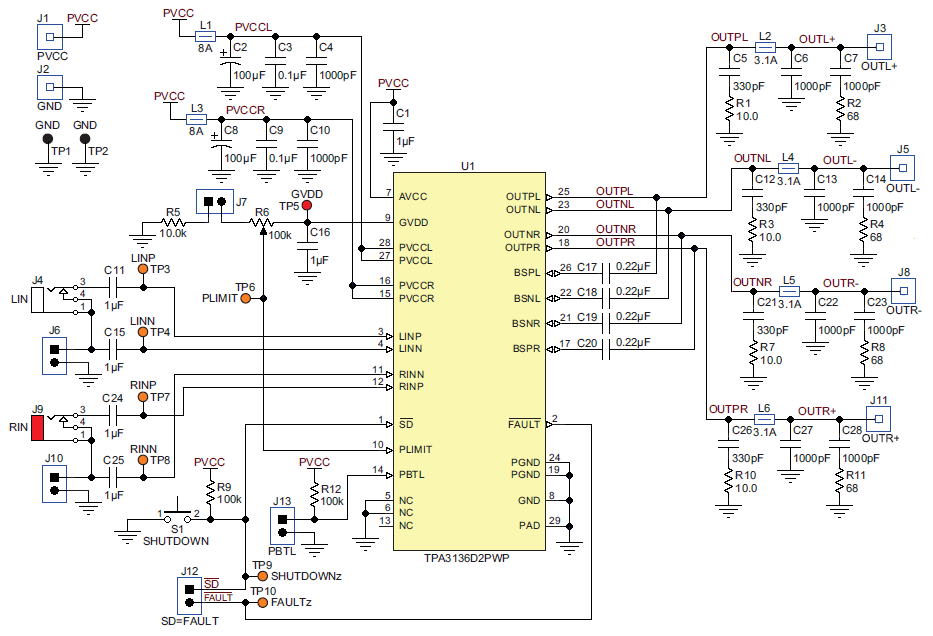 TPA3136D2EVM: Stereo, 10W @ 8Ω, Class D, 4.5 ~ 14.4V in
