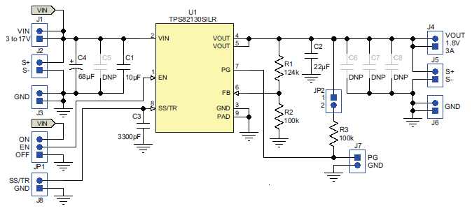 TPS82130EVM-720: 1.8V @ 3A, 3 ~ 17V in, Buck