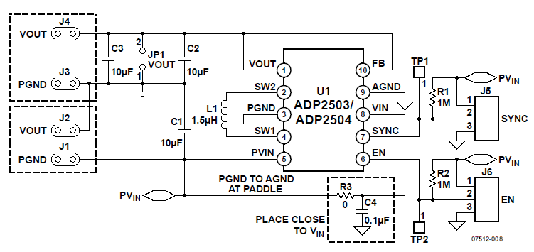 ADP2503CPZ-REDYKIT: 3.3 and 5V @ 600mA, 2.3 ~ 5V in