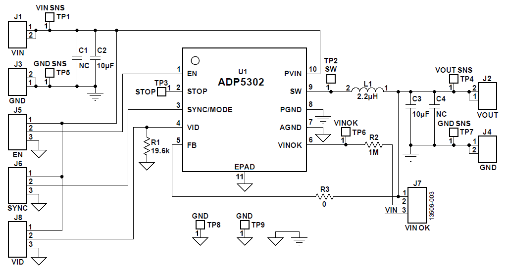ADP5302-EVALZ: 1.8V @ 50mA / 500mA, 2.15 ~ 6.5V in