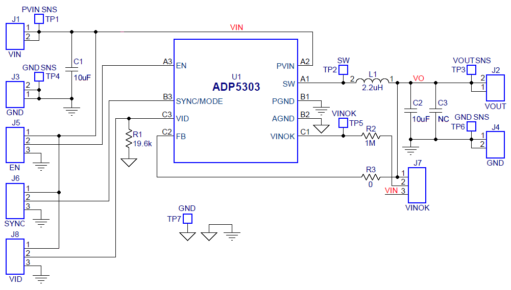 ADP5303-EVALZ: 1.8V @ 500mA, 2.15 ~ 6.5V in, Buck