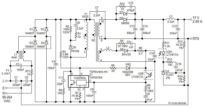 DER-187: 13V @ 2.69A, 90 ~ 264 VAC in