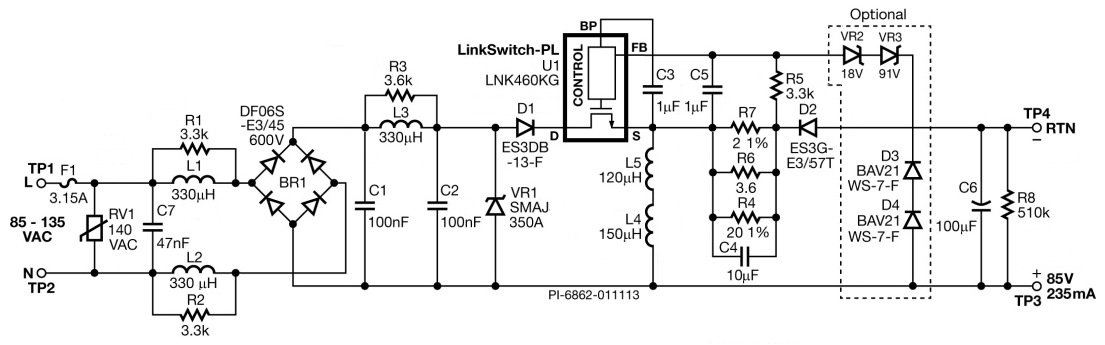 DER-345: 235mA @ 90V Max, 85 ~ 135VAC in