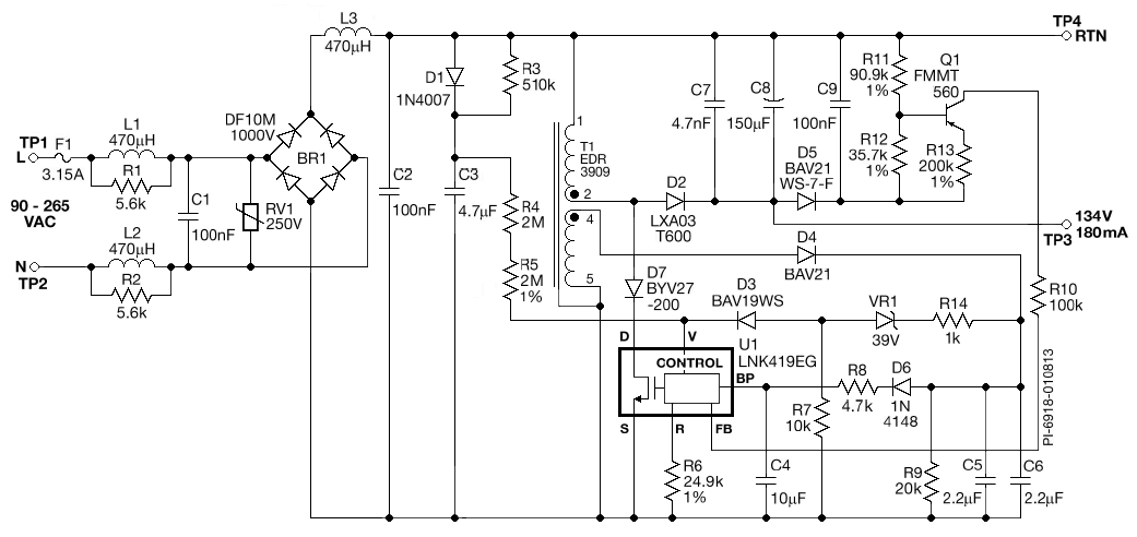 DER-356: 180mA @ 134V Max, 90 ~ 265VAC in