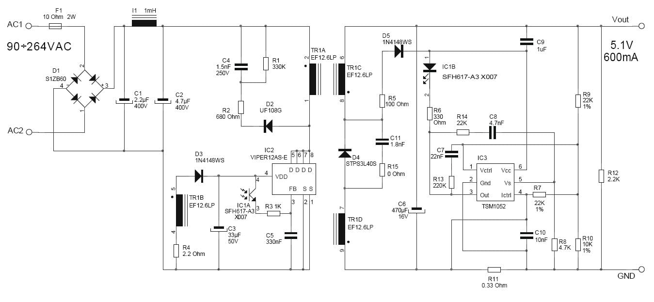 EVALTSM1052: 3W, 5.1V @ 600mA, 90 ~ 264VAC