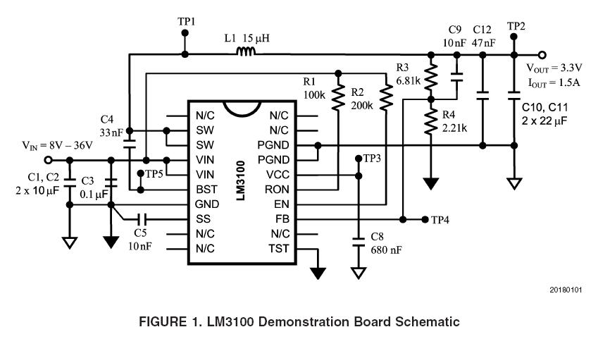 LM3100EVAL: 3.3V @ 1.5A, 8 ~ 36 Vin