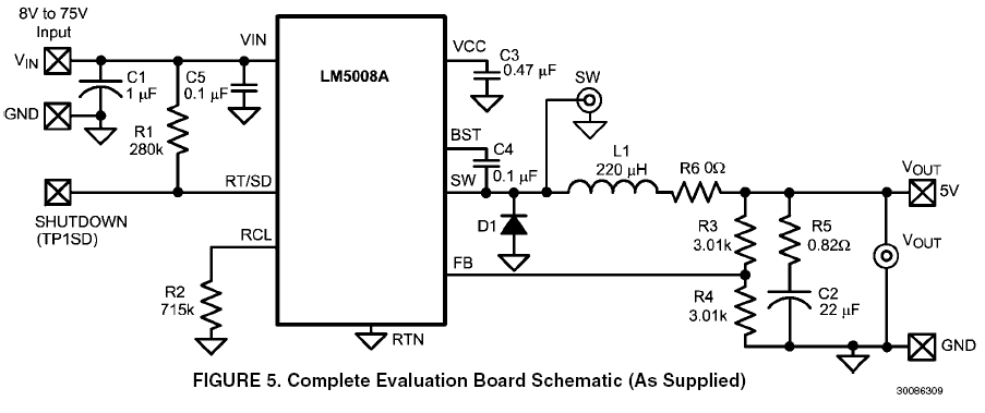 LM5008AEVAL: 5V @ 300mA, 8 ~ 75V in
