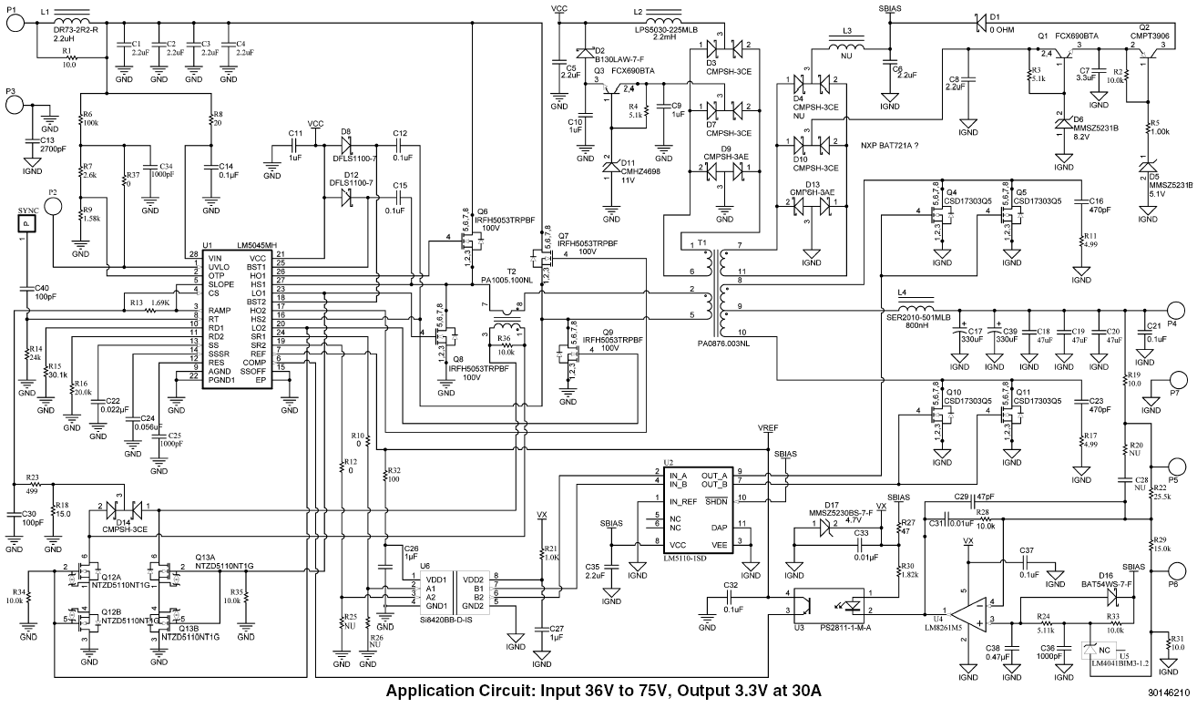 LM5045EVAL: 3.3V @ 30A, 36 ~ 75V in