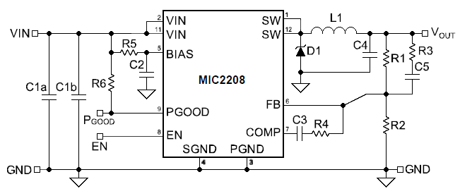MIC2208YML EV: 1.8V @ 3A, 2.7 ~ 5.5V in, Buck