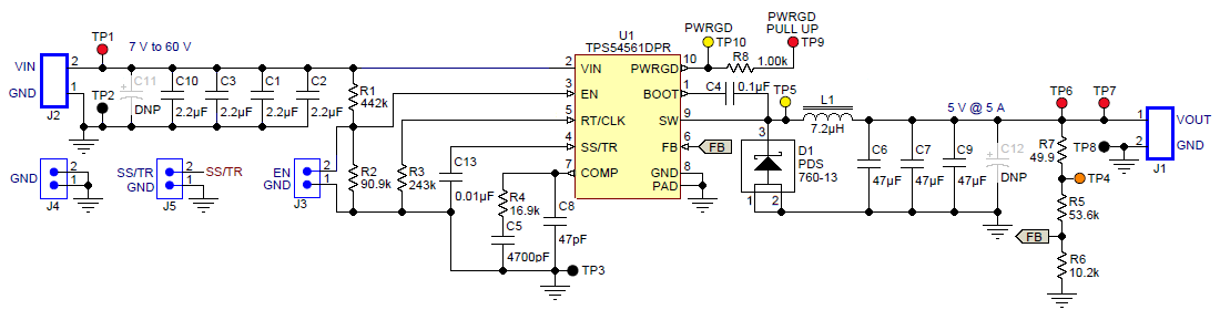TPS54561EVM-555: 5V @ 5A, 7 ~ 60V in, Buck