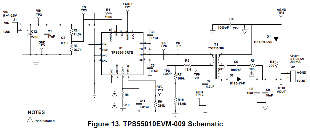 TPS55010EVM-009: Isolated 5V @ 200mA, 3 ~ 6V in