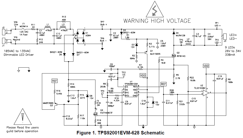 TPS92001EVM-628: 330mA @ 34V Max, 120VAC, TRIAC Dim